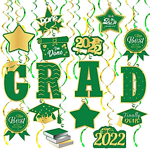 46 Pieces, XtraLarge Graduation Hanging Decorations - No DIY, Green Graduation Swirls | Glitter Congrats Grad Banner - 10 Feet | Green and Gold Graduation Decorations 2022 | Congratulations Banner