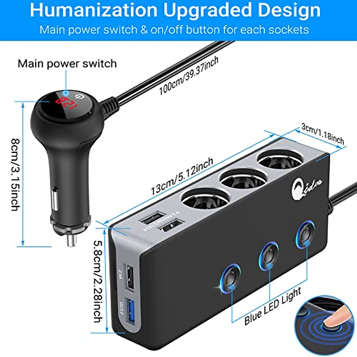 Quick Charge 3.0 Cigarette Lighter Splitter, Qidoe 3 Socket 180W Cigarette Lighter Adapter with 4 USB Fast Charging, DC 12V/24V Cigarette Outlet LED Voltmeter Independent Button for All Car Devices