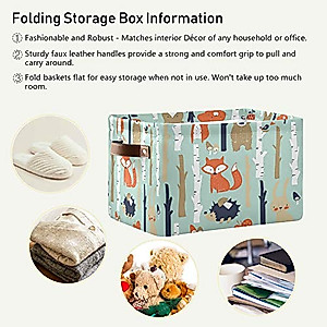 Animal Fox Bear Rabbit Storage Basket Large Foldable Storage Organizer Cubes Bins with Leather Handles Sturdy Collapsible Boxes for Shelf Cloth Toy Closet-2 Pack
