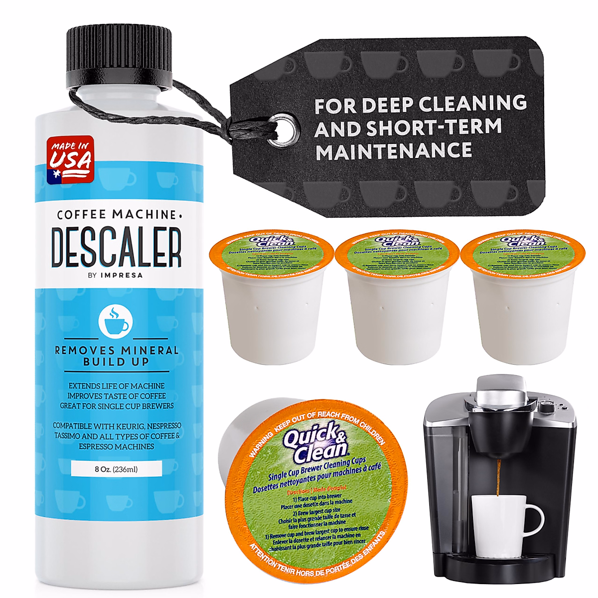 IMPRESA Cleaning and Descaler Kit - 2 Uses Per Bottle Plus 4 Cleaning Cups Compatible with Keurig K-Cup Pod Machines - Made in USA - Universal Descaling Solution and Stain Remover