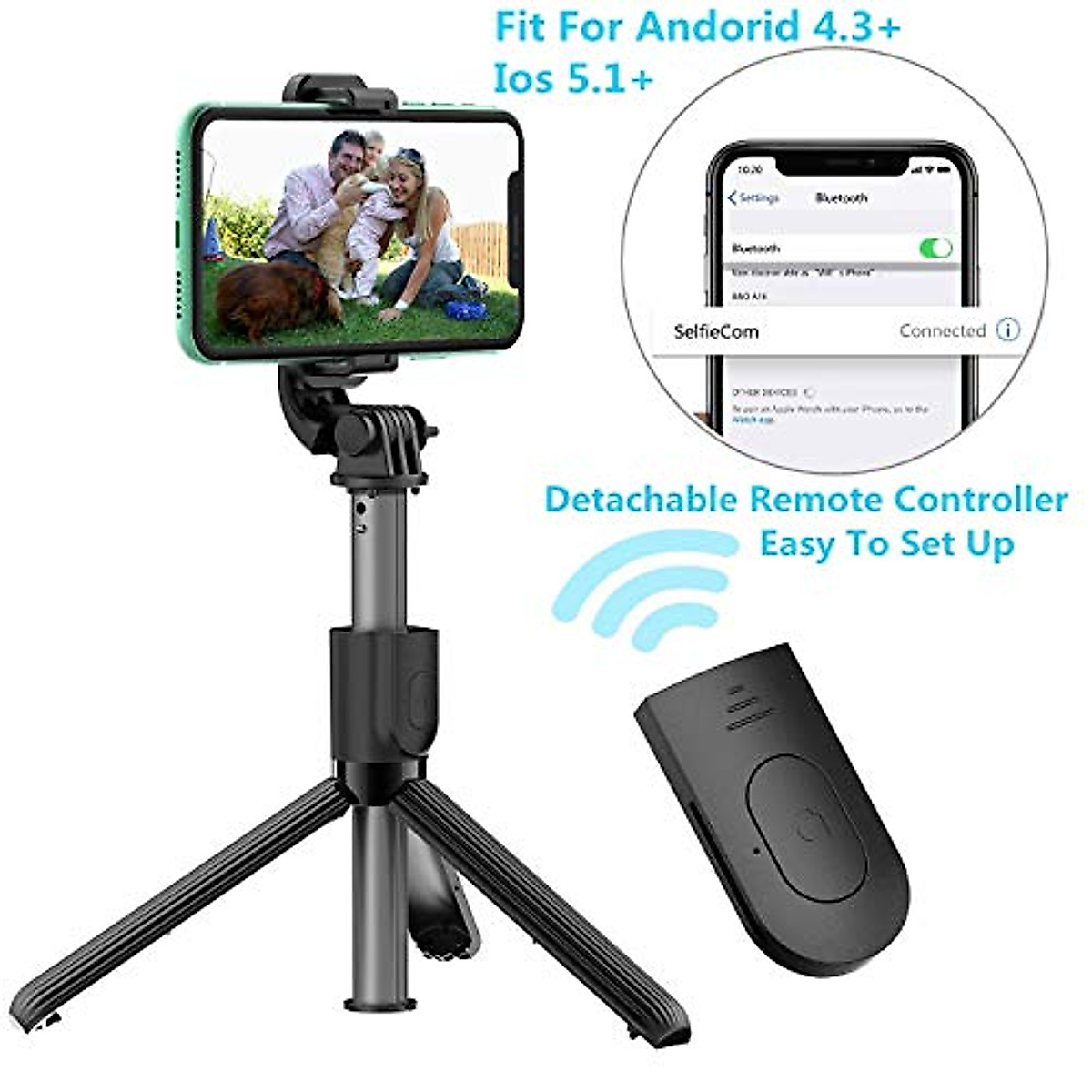 Selfie Stick Tripod with Removable Wireless Bluetooth Remote Shutter Compatible,Lightweight Extendable Aluminum Pocket Selfie Stick for iPhone 11/XR/X/8/8P/7/7P Android Phone，Gopro,Webcam and Camera