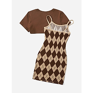 Romwe Girl's 2 Piece Outfits Argyle Print Cami Short Dress with Crop Top Tee Brown 11-12Y