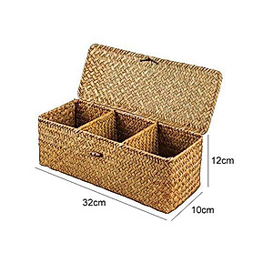 3 Compartment Storage Basket with Lid 3 Grid Hand-Woven Water Hyacinth Storage Basket Home Organizer Bins for Makeup, Clothes, Bathroom, Toilet and Home Items
