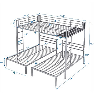 GLORHOME L Shaped Full Over Twin&Twin Triple Bed, Metal Bunk Bedframe with Built-in Shelf and 2 Ladders for 3 Kids Teens