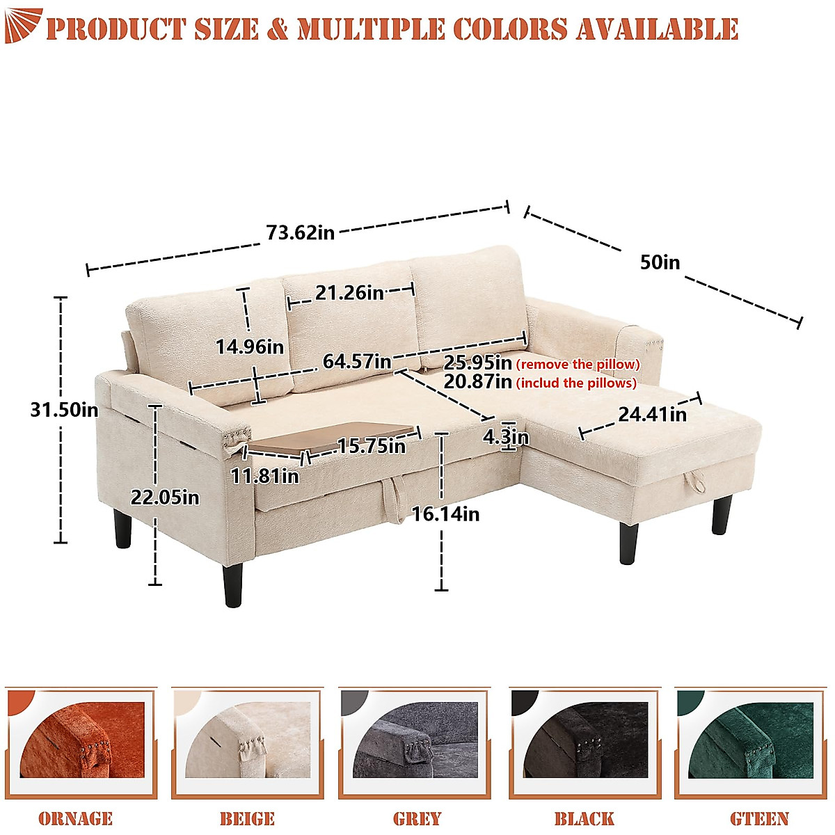 Sectional Couch with Pull Out Sofa Bed, Sleeper Sofa with Side Table and Storage Chaise, L Shape Sofa Bed Couch with Pocket, Convertible Couches for Living Room Bedroom Apartment, Beige