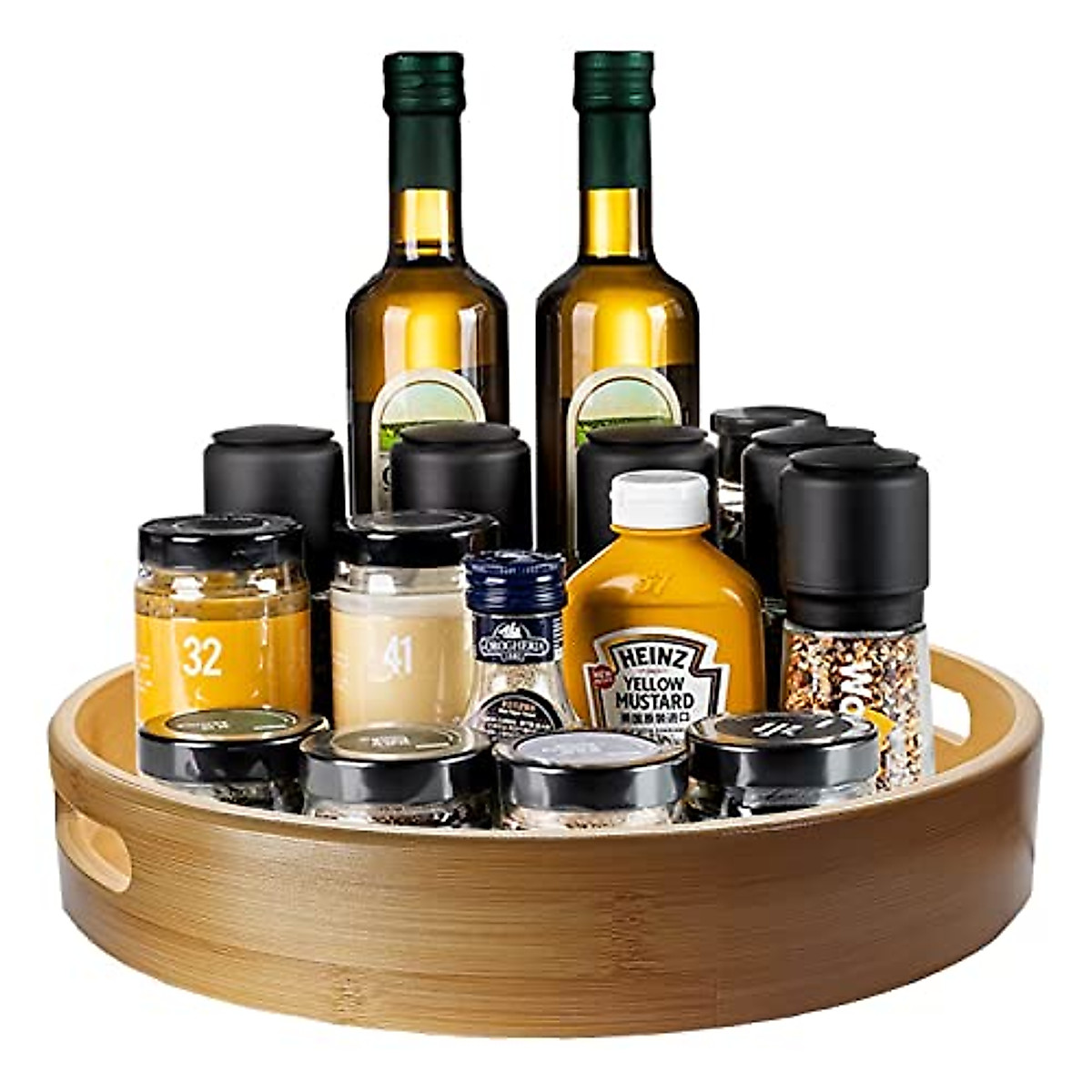 14 Inch Bamboo Lazy Susan Organizer, Wooden Turntable for Kitchen Countertop, Wood Rotating Tray Turn Table with Handle, Spinning Spice Rack for Cabinet Pantry Counter Top Organization