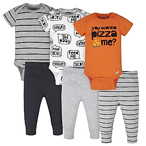 Onesies Brand Unisex Baby 3 Onesies 3 Pants Outfit Bundle Mix n Match Newborn to 12M, Grey Orange Pizza