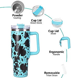 MKent 40oz COWPRINT Insulated Tumbler Trendy Stainless Steel Large Tumbler With Handle & Straw Lid,Travel, Leak Proof Tumblers Cup,Keeps Drinks Cold/Hot for 6Hrs (Lake Green Cow Print)