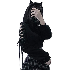 Women Teen Girls Crop Hoodie Long Sleeve Cold Shoulder Cute Cat Ear Pullovers Hooded Sweatshirt Top Y2K E-Girls (A2-Cat Ears, M)