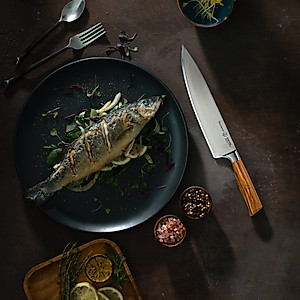 Messermeister Oliva Elite Stealth 10” Chef’s Knife - Fine German Steel Alloy Blade & Natural Mediterranean Olive Wood Handle - Rust Resistant & Easy to Maintain