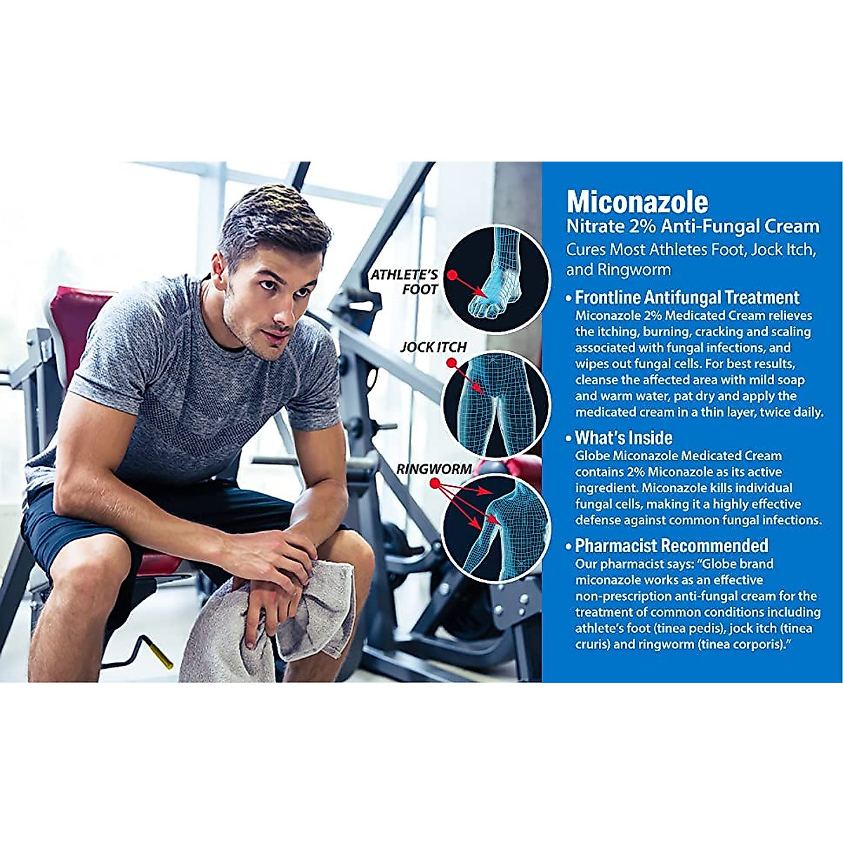 Globe Miconazole Nitrate 2% Antifungal Cream 1 oz, Cures Most Athletes Foot, Jock Itch, Ringworm and More. Compare to the Leading Name Brand