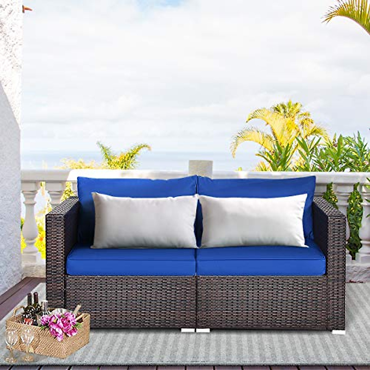 Tangkula Wicker Loveseat 2 Piece, Patio Furniture Couch with Removable Cushions, Rattan Loveseat Sofa for Balcony, Deck, Garden and Poolside