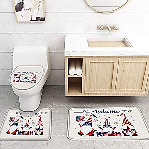 Independence Day Bathroom Sets with Shower Curtains, 4 PCS Shower Curtain Sets with Anti-Skid U-Shaped Contour Rugs Toilet Lid Cover and Cozy Bath Mat Happy Gnomes and Celebrating Fireworks