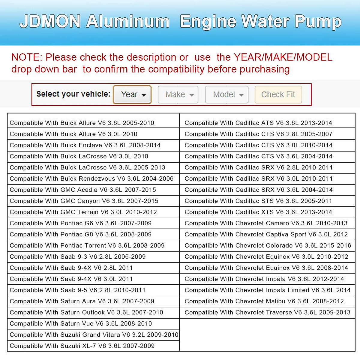 JDMON Compatible with Water Pump with Gasket Chevy Buick Cadillac GMC Pontiac SAAB Saturn Suzuki 2.8L 3.0L 3.6L V6 Replace AW5103
