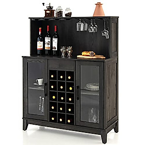 LOKO Wine Bar Cabinet, Liquor Cabinet with Removable Wine Rack, Farmhouse Buffet Sideboard Storage Cabinet with Adjustable Shelves & Tempered Glass Doors, 38.5 x 16 x 48.5 inches (Black)