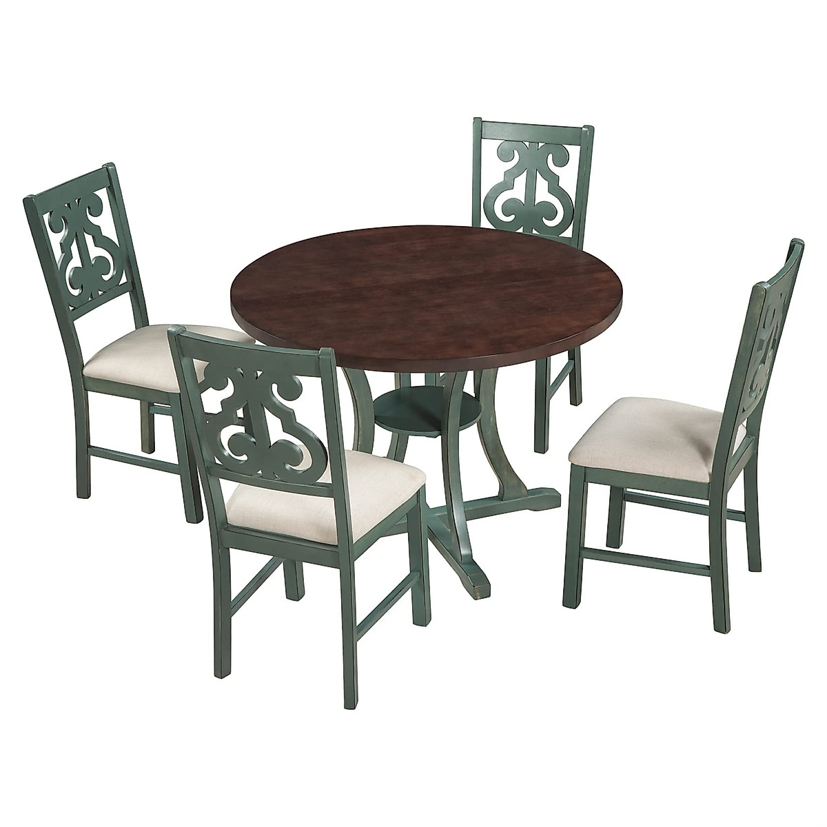 5 Piece Round Dining Table and Upholstered Chair Set with Special-Shaped Legs and Hollow Chair Back for Dining Room, Wood Kitchen Dining Set for 4 Persons (Antique Blue & Dark Brown)