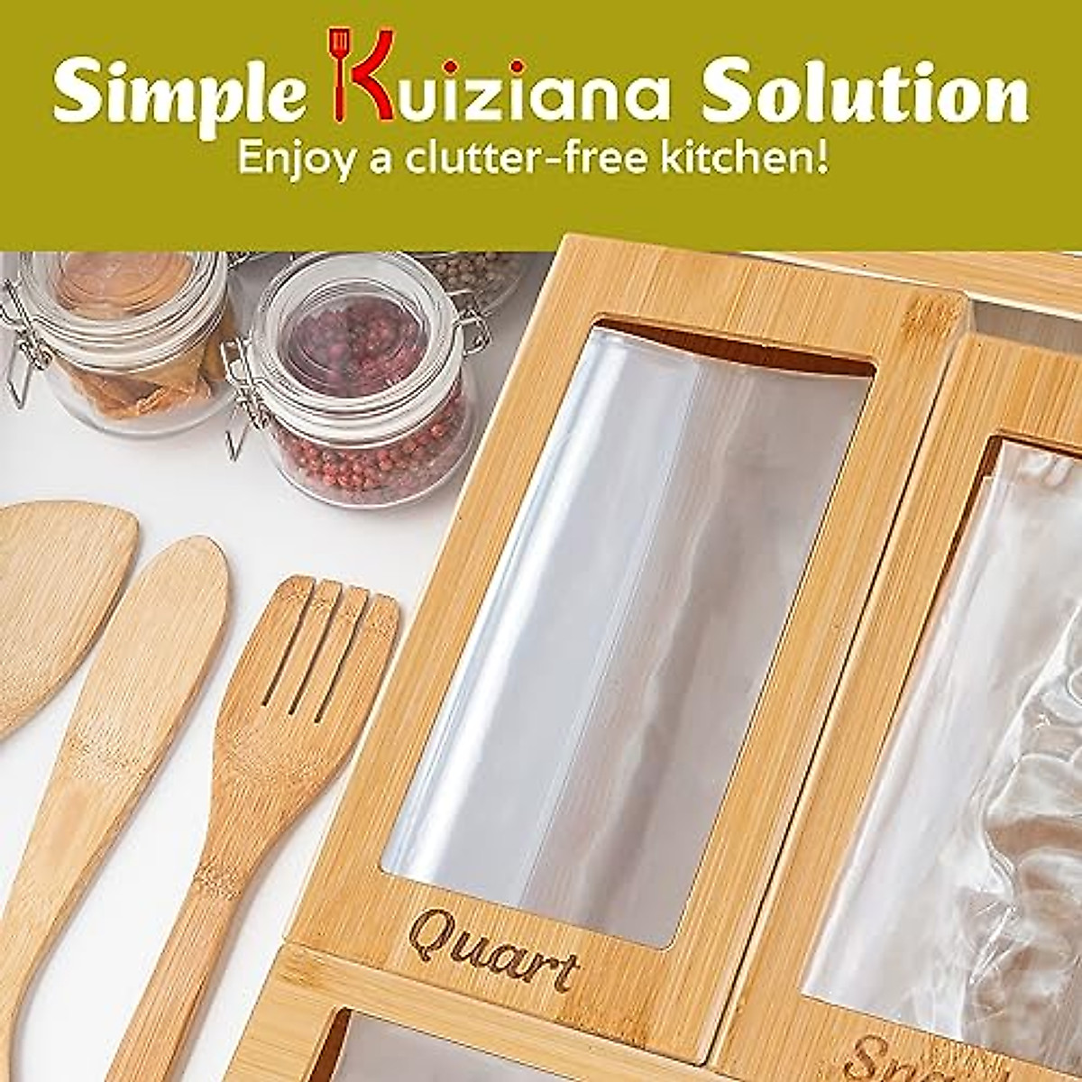 KUIZIANA Storage Bag Organizer, 4 Individual Bag Storage Organizer Boxes, Sandwich Bag Holder, Snack, Quart and Gallon Storage Bags Organizers, Natural Bamboo Wood Material, 4-Piece Set