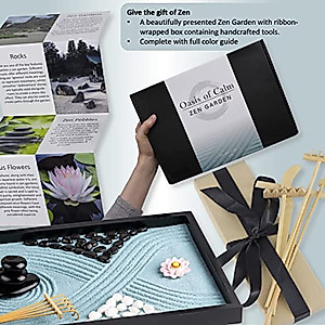 Oasis of Calm Zen Garden Kit. 11x8 Beautiful Premium Japanese Decor Mini Rock Garden Meditation Gifts Set. Home, Office Desk Accessories. Zen Decor Zen Sand Garden. Aqua Blue Sand, 6 Tools, 6 Feature