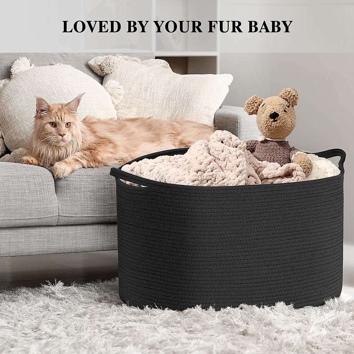 Blanket Basket Living Room, Cotton Rope Basket for Storage, Maliton Woven Extra Large Basket, 22" x 14" Nursery Laundry Basket with Handles, Toy Storage Basket Bin for Baby and Pet, Black