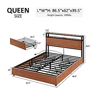AMERLIFE Queen Size Storage Bed Frame with Charging Station, Wooden Platform with 4 Drawers & Headboard/No Box Spring Needed/Noise-Free/Cherry