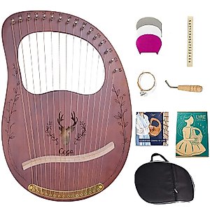 Lyre Harp, 16 Strings Mahogany Solid Wood Metal String Adult/Child Musical Instrument, With Tuning Wrench Pick, Black Gig Bag, and Music Tutorial for Beginner Instrument Lovers (coffee color)