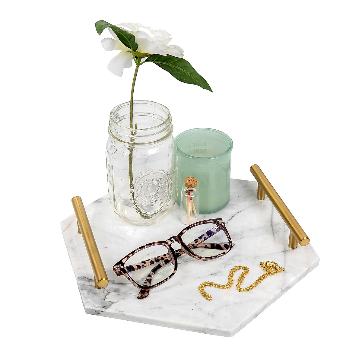 White Marble Tray with Gold Handles - Solid Marble Perfume Tray for Vanity - Chic Modern Hexagon Tray, Room Decor Tray, Elegant Bathroom Tray (Hexagon, White)