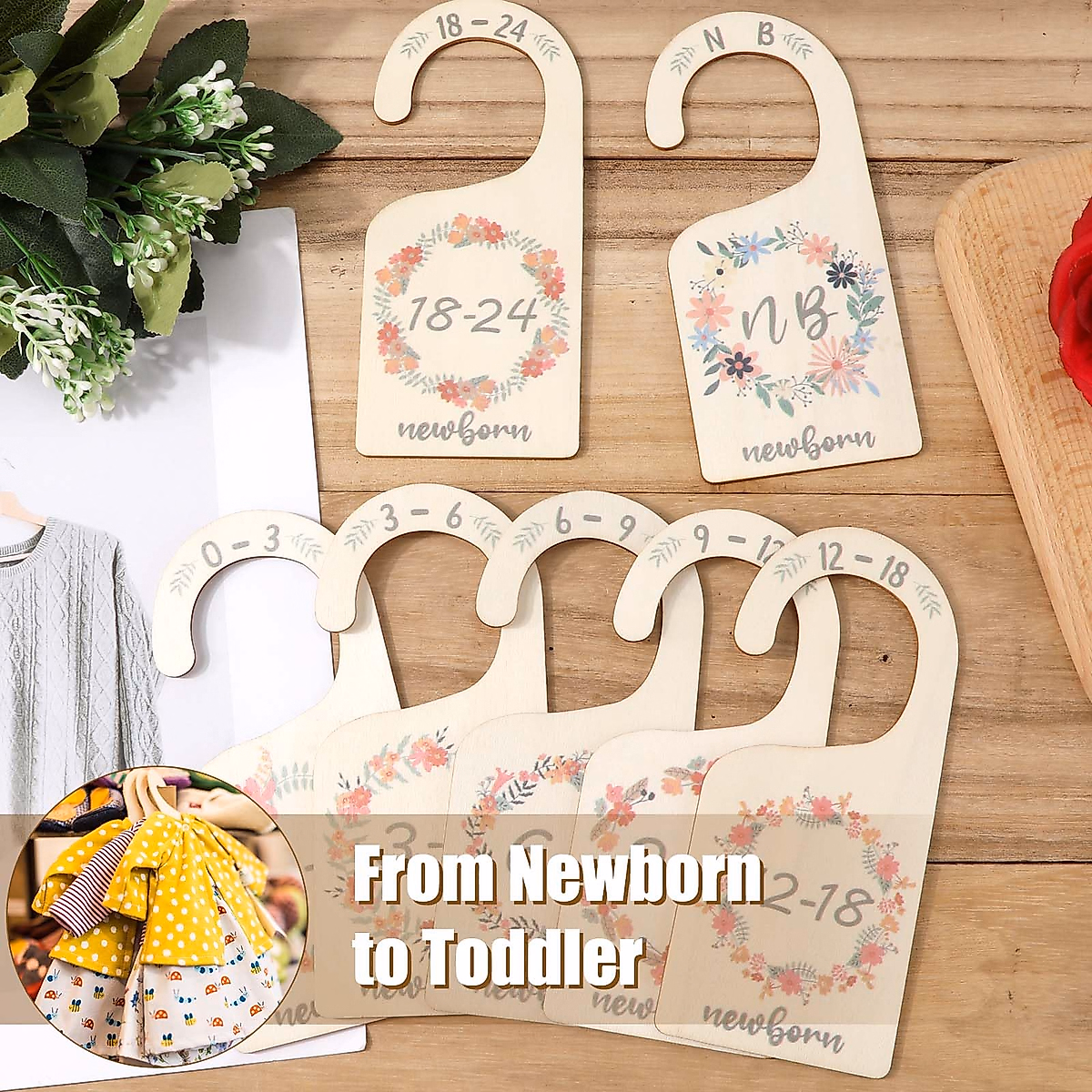 7pcs Baby Clothes Dividers for Closet, Beautiful Month Wooden Baby Closet Dividers Organizers from Newborn to 24 Months Nursery Closet Divider Hangers with Wreath Decoration for Infant Wardrobe