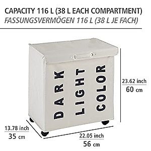 WENKO Trivo Laundry Sorter with 3 Sections (Dark, Light, Color), Laundry Basket on Wheels with Handle, Laundry Hamper with Lid, Beige, 30.6 gal, 22 x 23.6 x 13.8 in