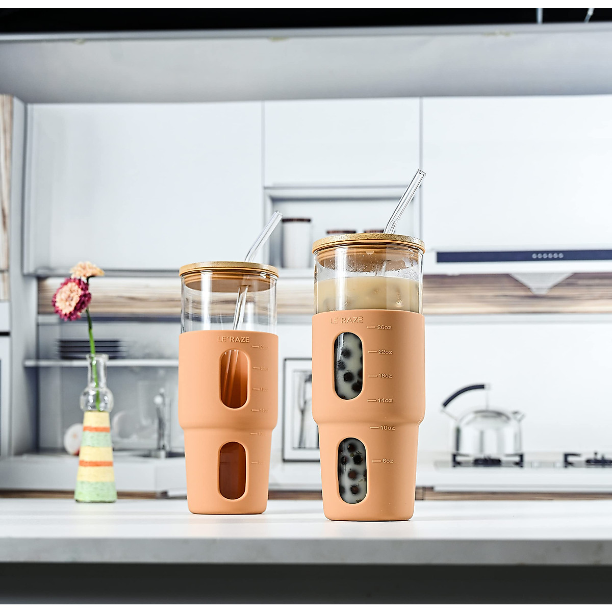 32oz Drinking Glass Tumbler with Bamboo Lid and Straw - Silicone Sleeve - Fits Car Cup Holder - Reusable Boba Smoothie Cup, Spill Proof Travel Water Bottle, Iced Coffee Tumbler, BPA Free - Amber.