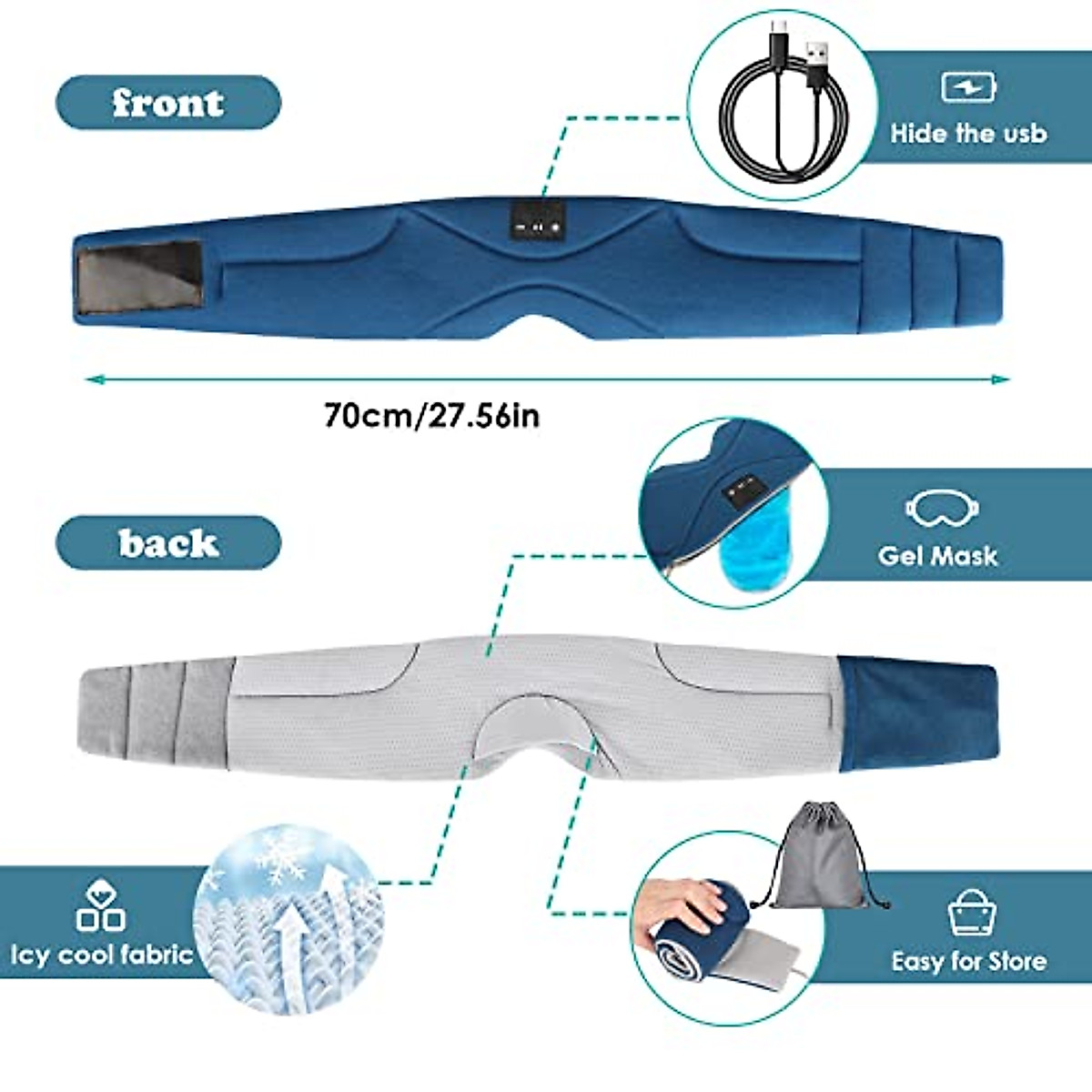 Bluetooth Sleep Mask with 24 White Noise, Ultra-Thin Speaker Cold Pack Blockout Bluetooth Eye Mask Sleep Headphones for Side Sleepers, Airplane, Travel, Cool Gadgets for Women Man (Blue)