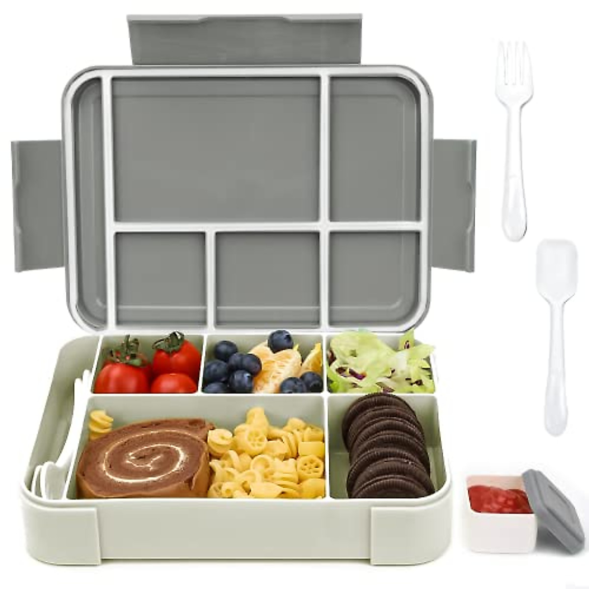 Bugucat Bento Box Adult Lunch Box, 45 OZ Leak-Proof Lunch Containers for Adults with 6 Compartments Cutlery Suitable for Microwave Dishwasher, Versatile Bento Box for Kids Adults Teens