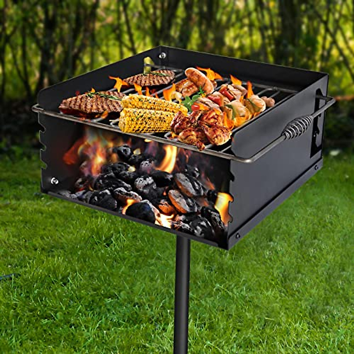 Migoda Park-Style Charcoal Grill, 16x16x8 Inch Heavy Duty Steel Outdoor BBQ Grill with Grate, Single Post Carbon Steel Park Grill for BBQ, Backyard, Camping
