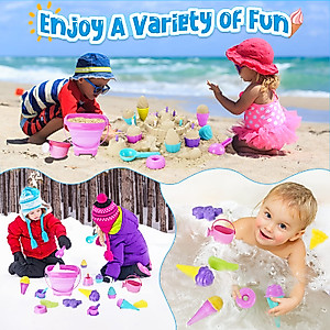 TSDATOWR Ice Cream Beach Toys Sand Toys Set for Kids, Collapsible Sand Bucket and Shovels Set with Mesh Bag, Sand Molds, Watering Can, Sandbox Toys for Kids and Toddlers, Travel Sand Toys for Beach