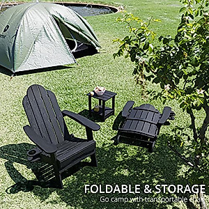 LUE BONA Folding Adirondack Chair Set of 4, Black Poly Fire Pit Adirondack Chair Weather Resistant, Modern Plastic Adirondack Patio Chairs with Cup Holder, 320LBS, Outdoor Chairs for Pool Porch Beach
