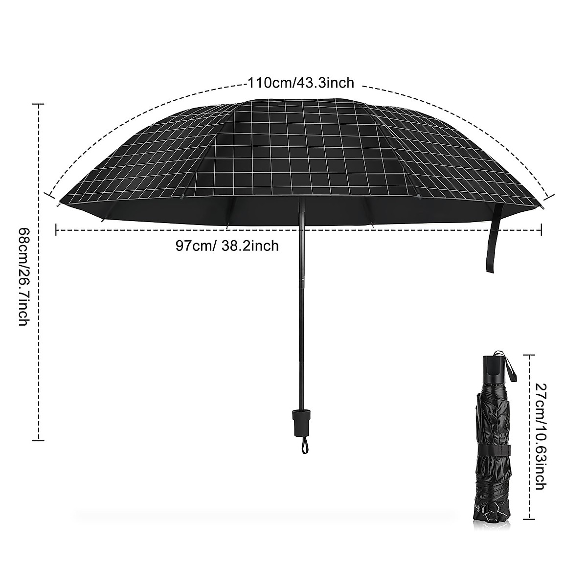 BUKPUD Large Compact Travel Umbrella, Windproof Waterproof Stick Umbrella Anti-UV Protection, Three Folding Umbrella for Backpack - Portable Black Folding Umbrella for Men and Women Kids Adults