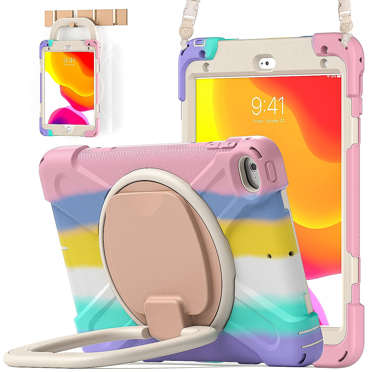 BATYUE iPad Mini 5 Case - iPad Mini 4 Case; Heavy Shockproof Drop Case with Pencil Holder/ 360° Swivel Stand/Shoulder Strap; Cover for iPad Mini 5th/4th Generation 7.9 Inch; for Kids (Colourful Pink)