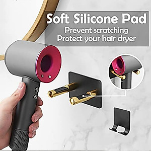 ROZZWILD Hair Dryer Holder Adhesive No Drill Wall Mounted Aviation Aluminum Alloy Blow Dryer Rack with Plug Bracket in Bathroom Barbershop Saloon Fit for Dyson and Most Hair Dryers