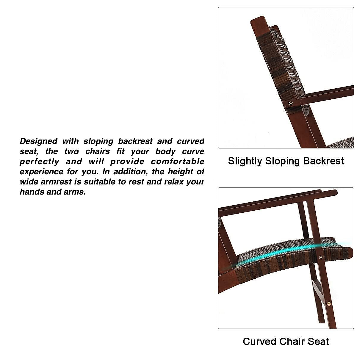 3PCS Outdoor Furniture Set Patio Conversations Set 2 Armchairs with Coffee Table Wide Armrest Tight Hand Woven Rattan Sloping Backrest Curved Chair Seat Perfect for Garden Balcony Poolside Use