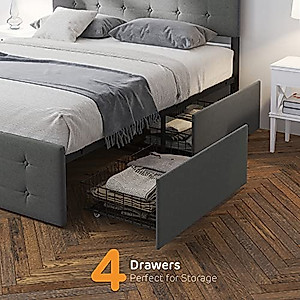Alkmaar Upholstered Queen Size Platform Bed Frame with 4 Storage Drawers,Grey Queen Size Platform Bed Frame with Headboard and Wooden Slats Support,No Box Spring Needed (Queen)