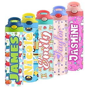 Personalized Kids Water Bottle Custom Water Bottles for Girls Boys Children with Name Straw Lid Customized 20oz Insulated Stainless Steel Cups Gifts for School Travel