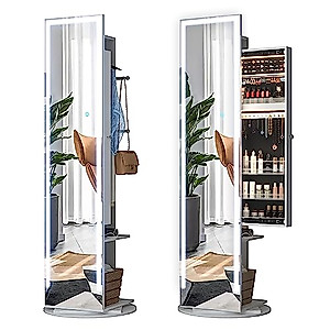 LVSOMT 360°Swivel Full-Length Mirror Jewelry Cabinet Armoire, Touch Screen Full Body Mirror with Jewelry Storage, Large Floor Jewelry Organizer for Bedroom, w/Coat Rack, Shelves(White)