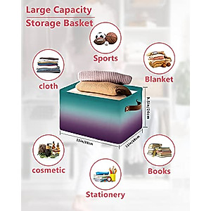 Teal Purple Ombre Storage Basket Waterproof Cube Storage Bin Organizer with Handles, Turquoise Gradient Modern Abstract Art Collapsible Storage Cubes Bins for Clothes Books Toys 15"x11"x9.5"