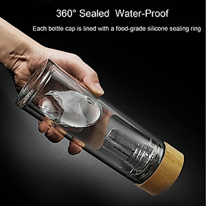 COMI Tea Bottle, 14 oz, Borosilicate Glass, Double Wall, Infuser & Strainer, Bamboo Lid, 400ml