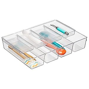 mDesign Plastic Kitchen Drawer Organizer Tray Set - Horizontal Storage Bin for Organizing Cutlery, Flatware, Silverware, Utensil, and Appliances - Ligne Collection - Clear