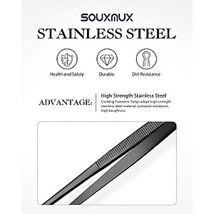 12-inch Cooking Tweezer and Curved Tong Set, Tongs Precision Serrated Tips, Stainless Steel Professional Chef Tweezer Kitchen Tools for BBQ, Plating and Serving