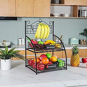 2-Tier Fruit Basket for Kitchen, Bananas Hanger Hook Holder &Countertop Tiered Fruit and Vegetable Storage Bowl Stand, Detachable, Easy to Assemble, Large Capacity for Home Kitchen Organizer-Black