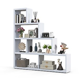 SILKYDRY 4 Tier Bookshelf, L Shaped Ladder Corner Bookshelf, 6 Cubes Stepped Etagere Bookcase, 10 Shelves Storage Display Rack for Living Room Home Office Hallway (White)