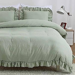 Faincy Queen Size Comforter Set, Sage Green Ruffled Reversible Down Alternative Bed Sets - 90 x 90 3PC Soft Microfiber Duvet Farmhouse Vintage Shabby Chic Rustic Bedding in a Bag for Women Men
