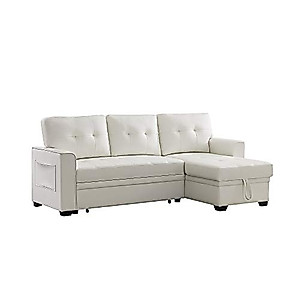 INFINI FURNISHINGS PU Sofa & Chaise 84" Wide Sectional Sofa with Pull Out Sleeper Bed, Reversible Storage Chaise Lounge, Modern Tufted Line Faux Leather Design Sofabed, White