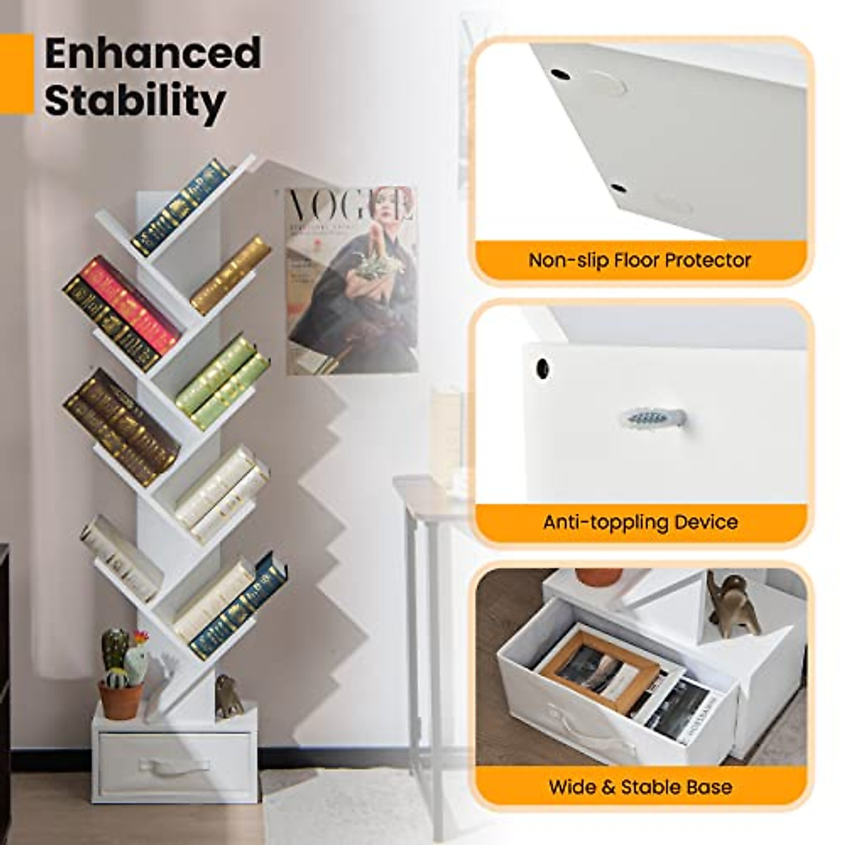 Giantex Tree Bookshelf with Drawer, 10 Shelf Space Saving White Wooden Bookcase, Freestanding Retro Wood Storage Rack, Decorative Bookshelf with Storage
